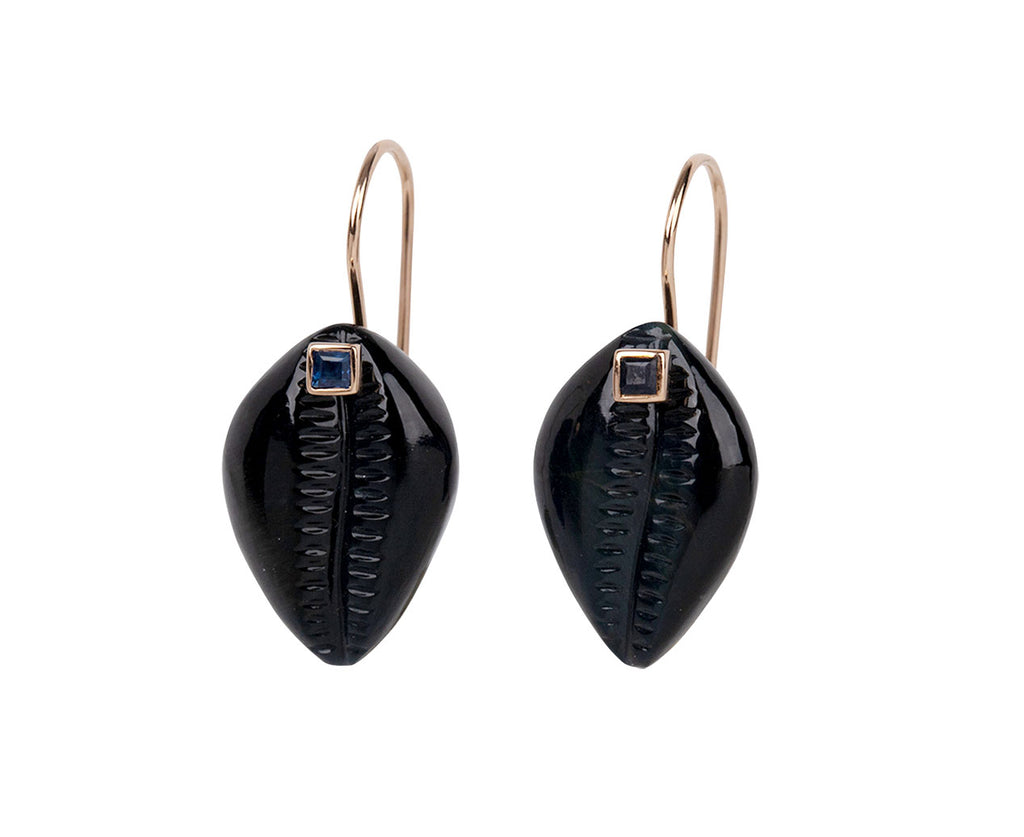 Dezso Blue Tigers Eye and Sapphire Cowrie Shell Earrings